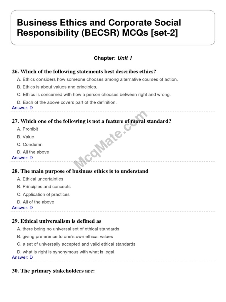 Business Ethics MCQs and Insights | PDF | Business Ethics | Corporate ...