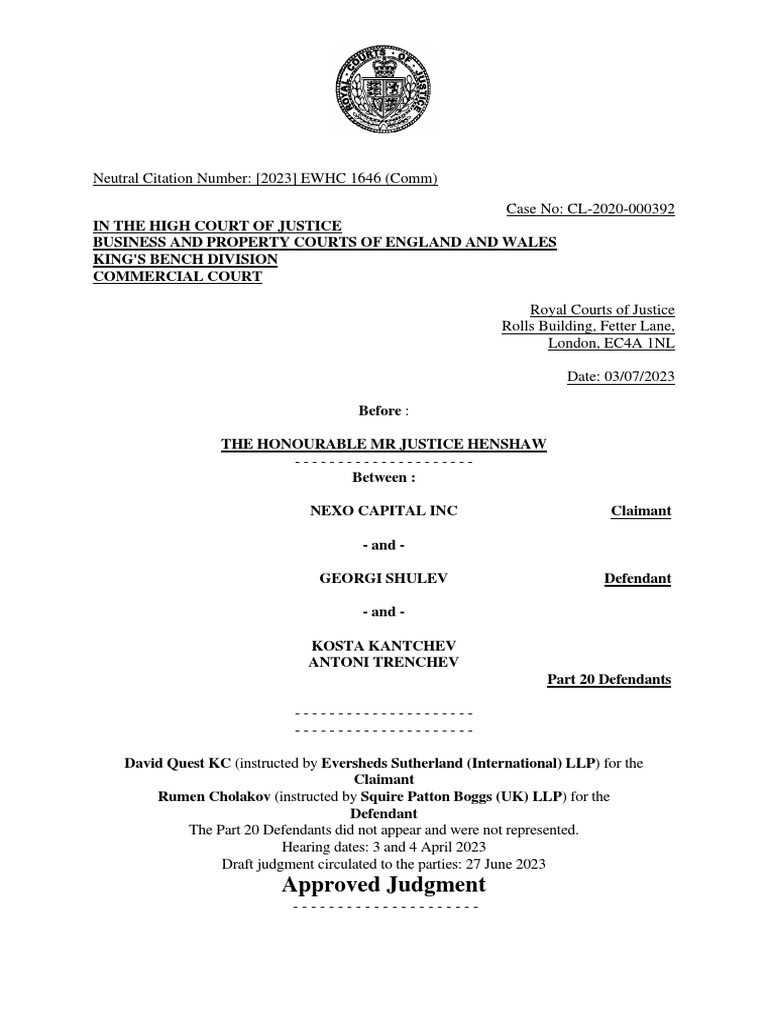 Nexo v Shulev: Summary Judgment Case | PDF | Cryptocurrency | Judgment ...