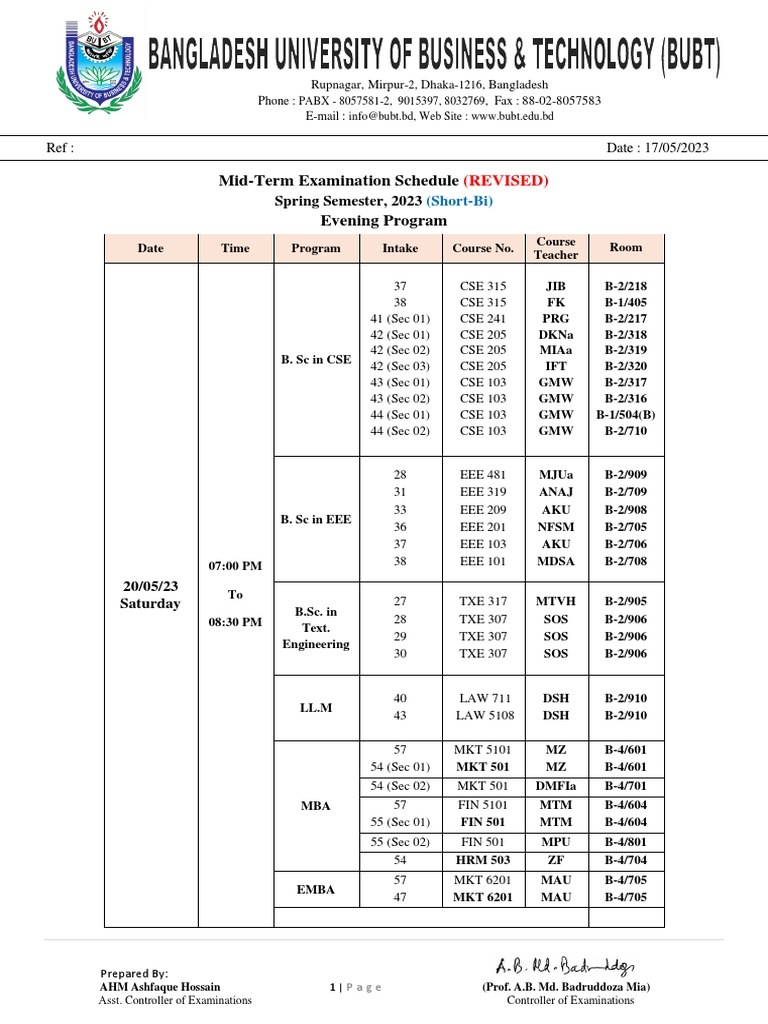 Revised Mid-Term Examination Schedule, Spring 2023 (Short-Bi), Evening Program | PDF