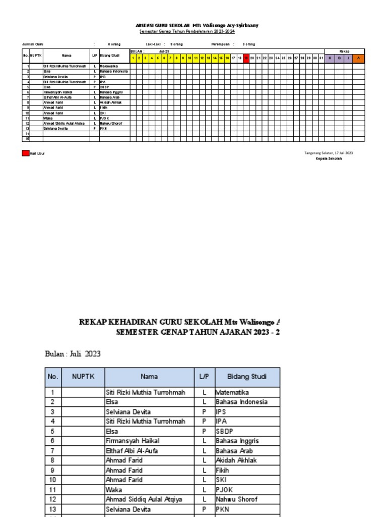Format Absensi Guru Excel Ori | PDF