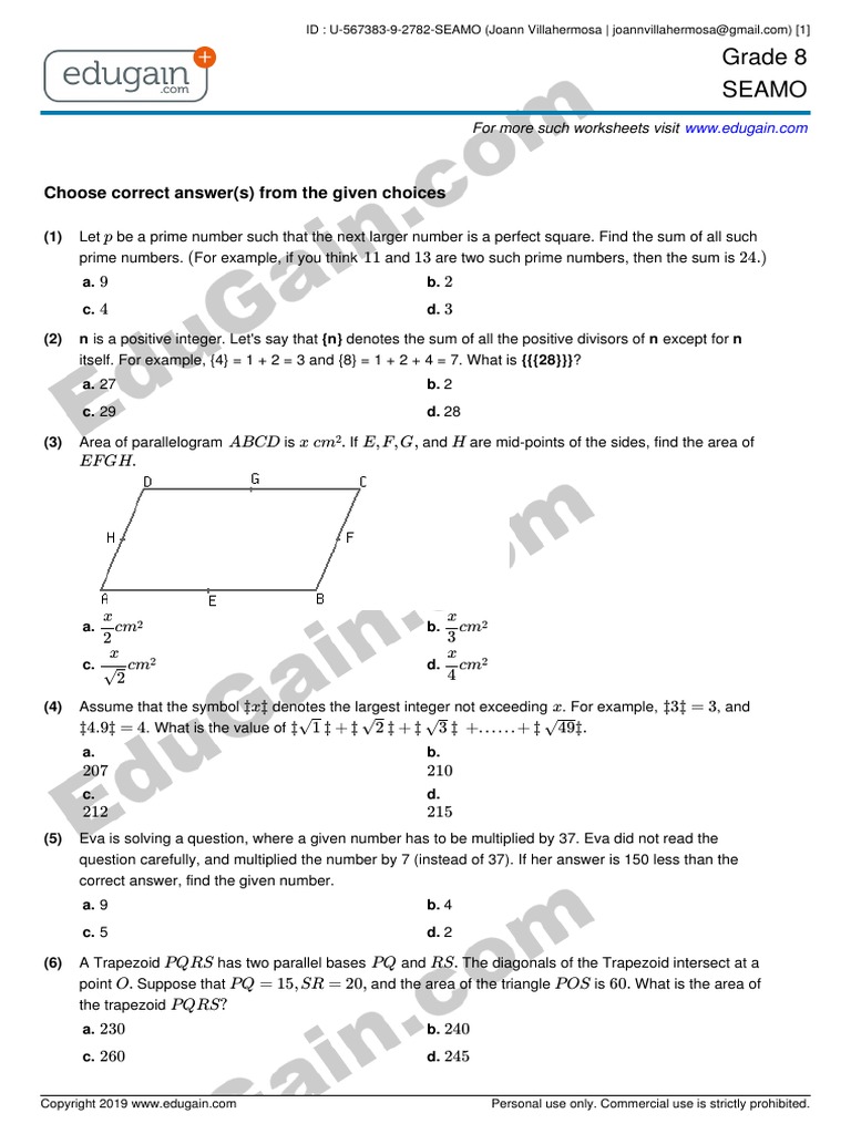 Grade8 567383 9 2782 | PDF | Area | Prime Number