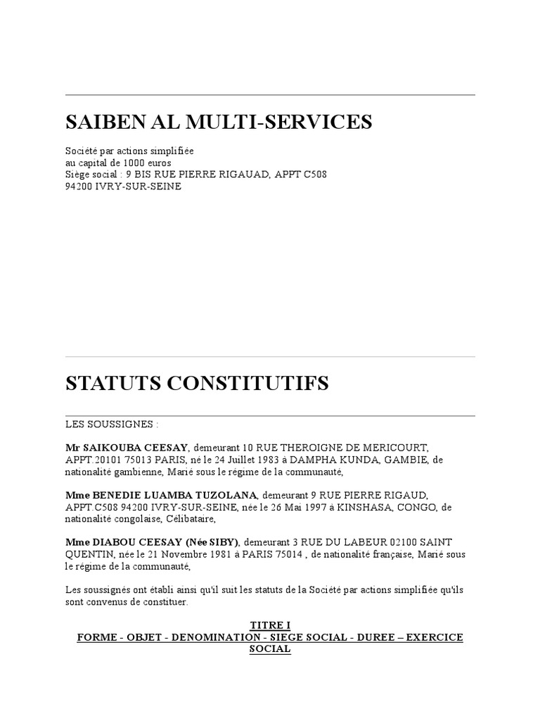 Statuts de la Société Saiben Al Multi-Services | PDF | Business | Les ...