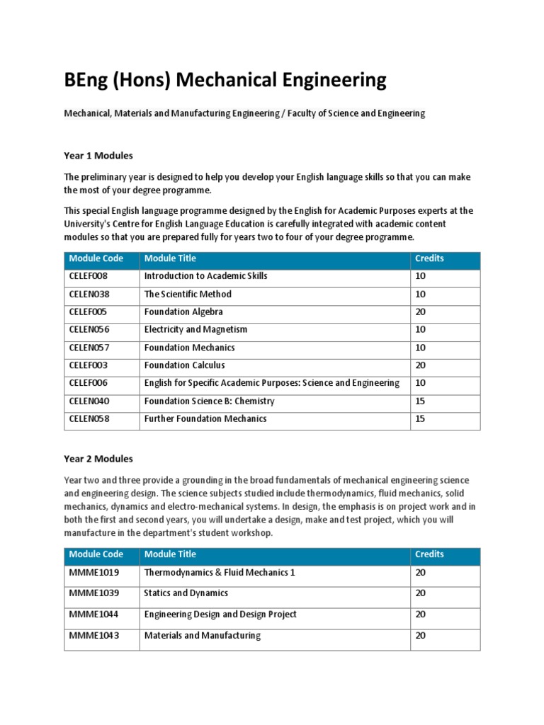 UG FOSE EN Module BEng ME 2021 | PDF | Mechanical Engineering | Engineering