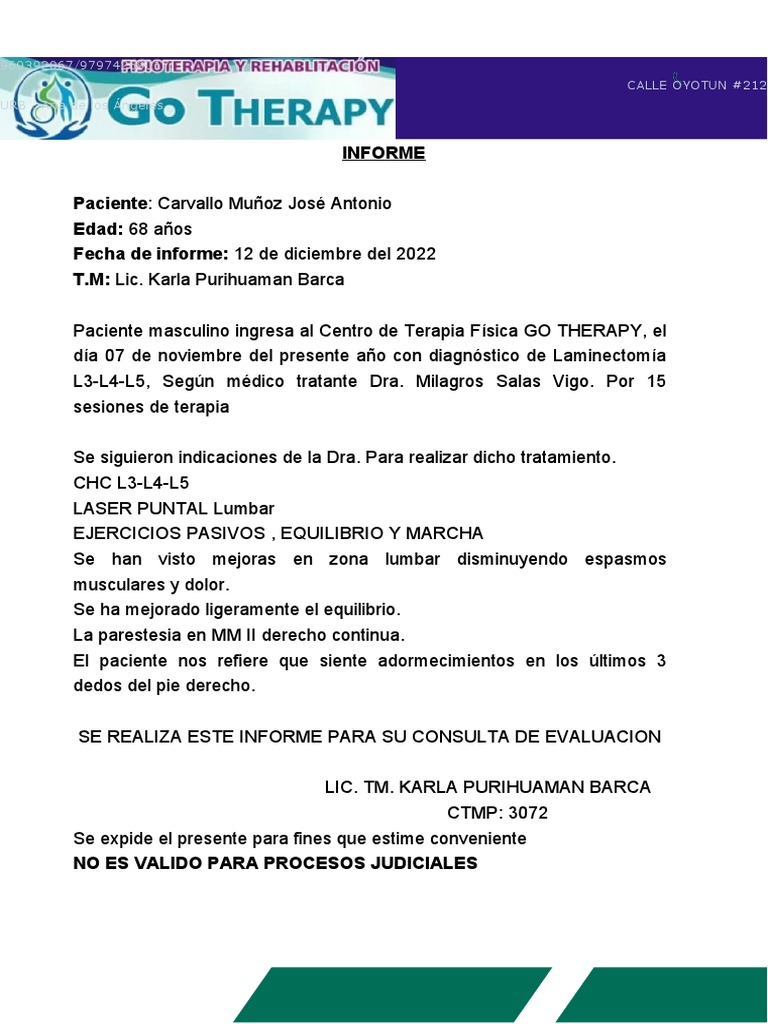 Informe De Terapia Física Caso José Carvallo Pdf Derecho