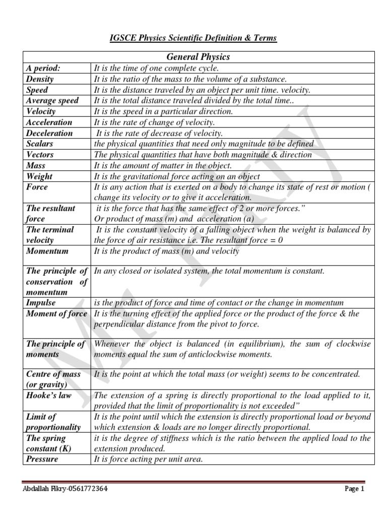 Definitions IG Physics | PDF | Velocity | Force