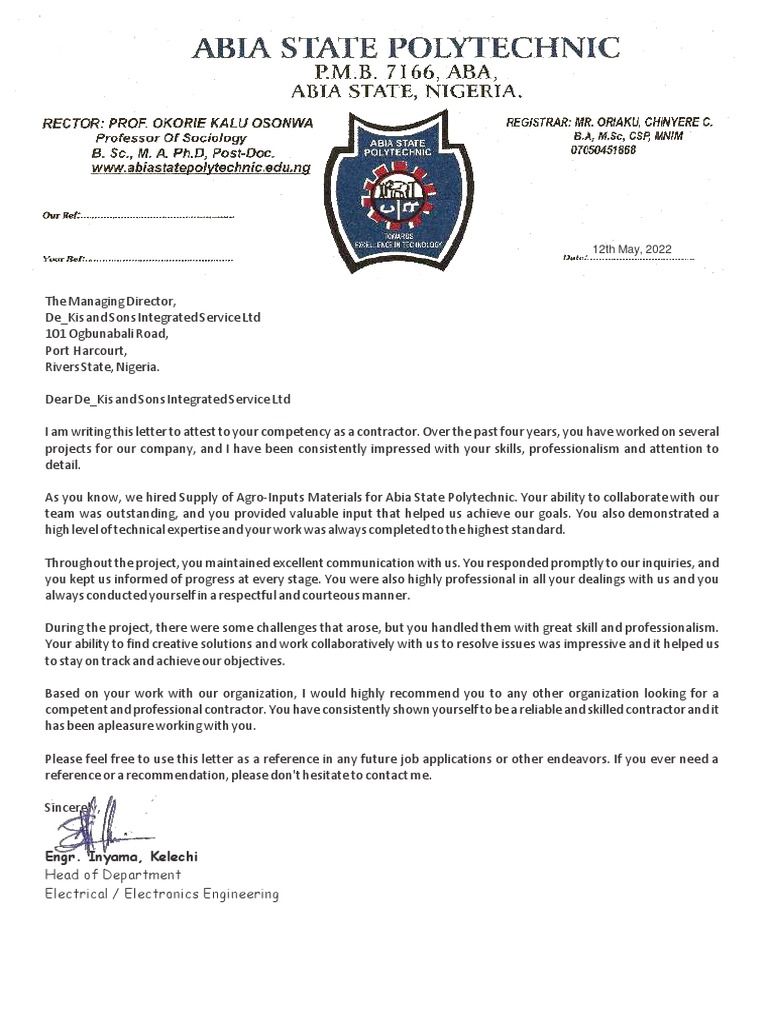 Reference Letter for Contractor Competency | PDF | Career & Growth