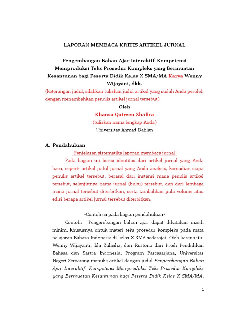 SISTEMATIKA LAPORAN MEMBACA KRITIS-UAD (1) | PDF