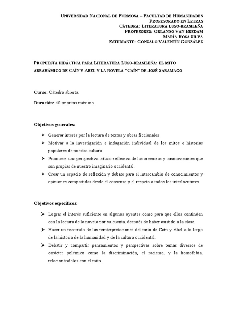 Propuesta Didáctica El Mito de Caín y Abel y La Novela de Saramago | PDF | Mitología griega