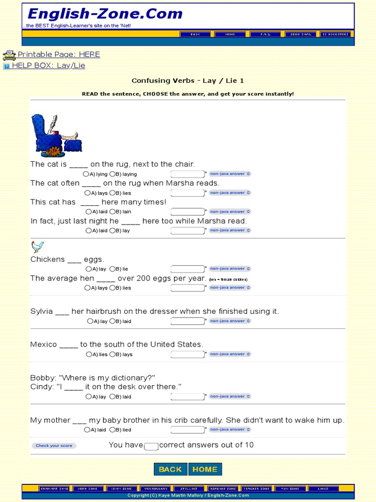 Lay vs. Lie 1 An English-Zone - Com Lesson and Quiz | PDF