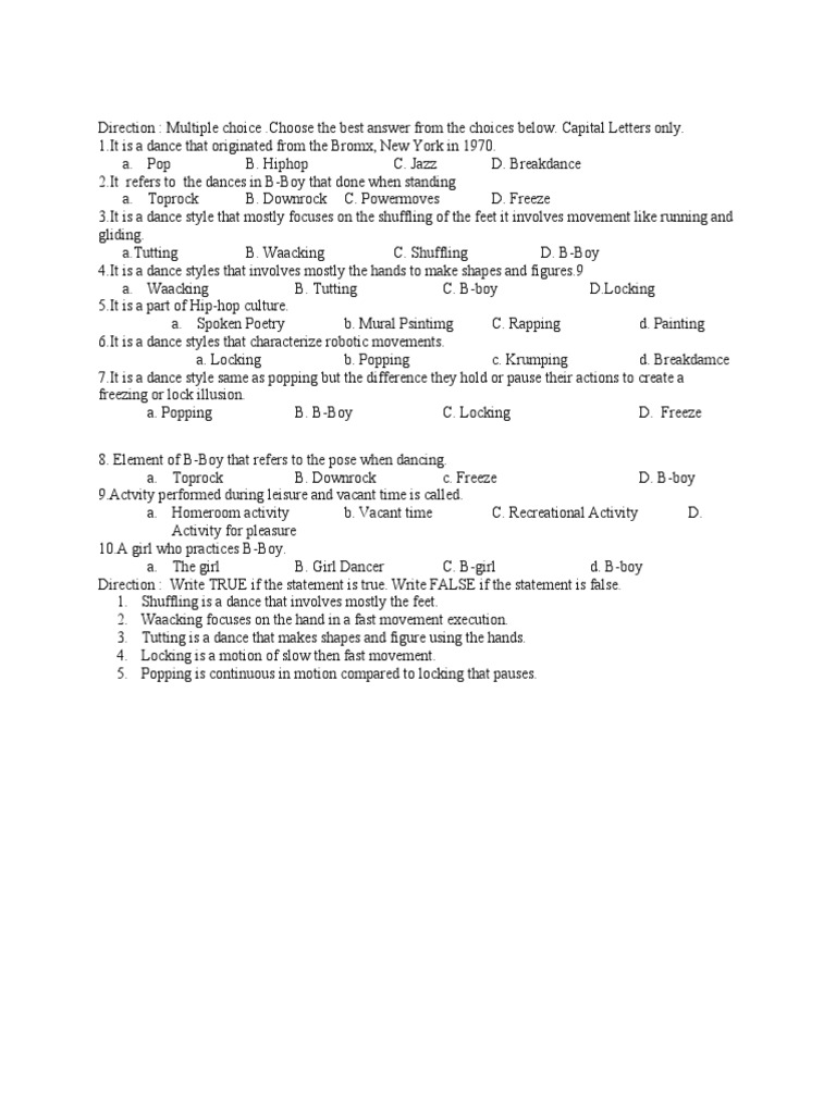 Dance Styles Multiple Choice Quiz | PDF