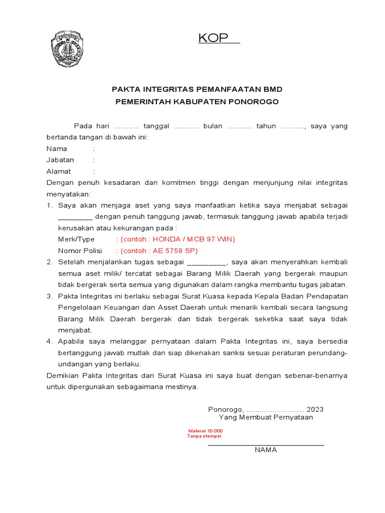 FORM PAKTA INTEGRITAS | PDF