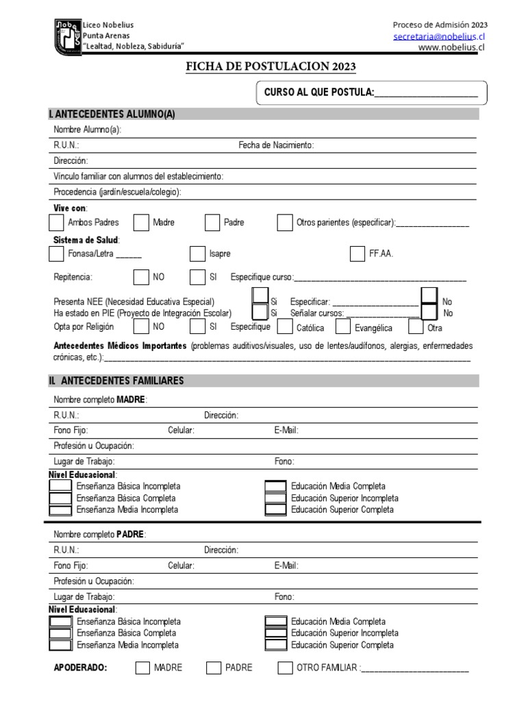 Ficha Postulacion Nobelius 2023 | PDF | Educación Secundaria