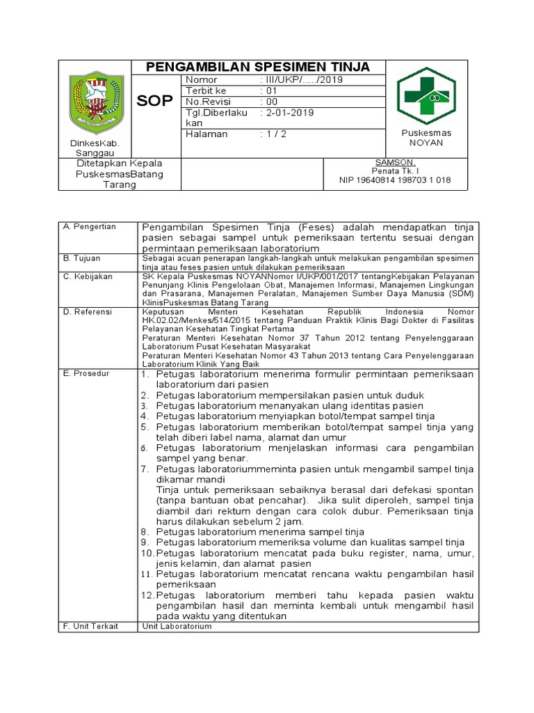 8.1.2.1. Sop Pengambilan Spesimen Tinja | PDF