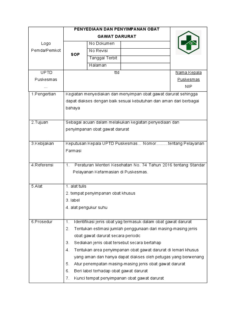 3 10 1 F Sop Penyediaan Dan Penyimpanan Obat Gawat Darurat Pdf