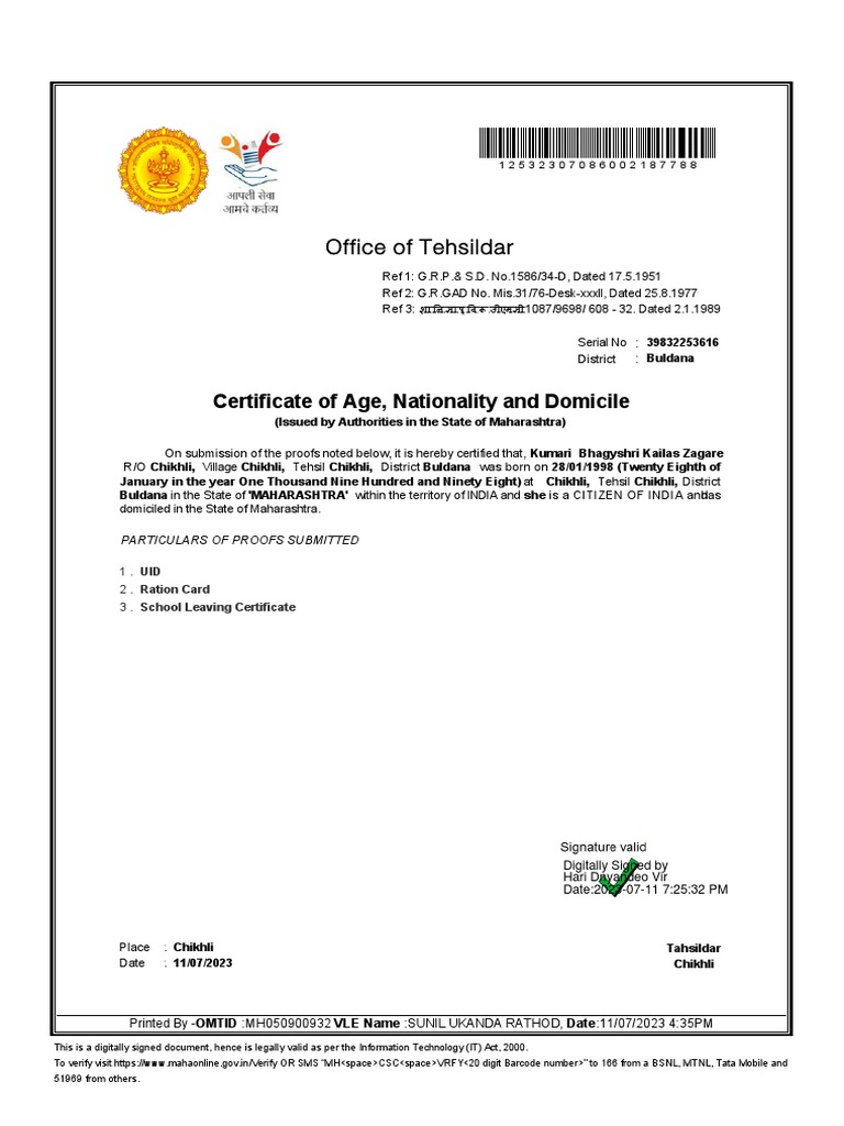 Office of Tehsildar: Certificate of Age, Nationality and Domicile | PDF | Government And ...