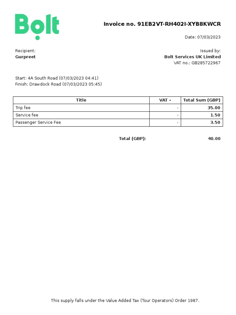 Ride Invoice From Bolt | PDF