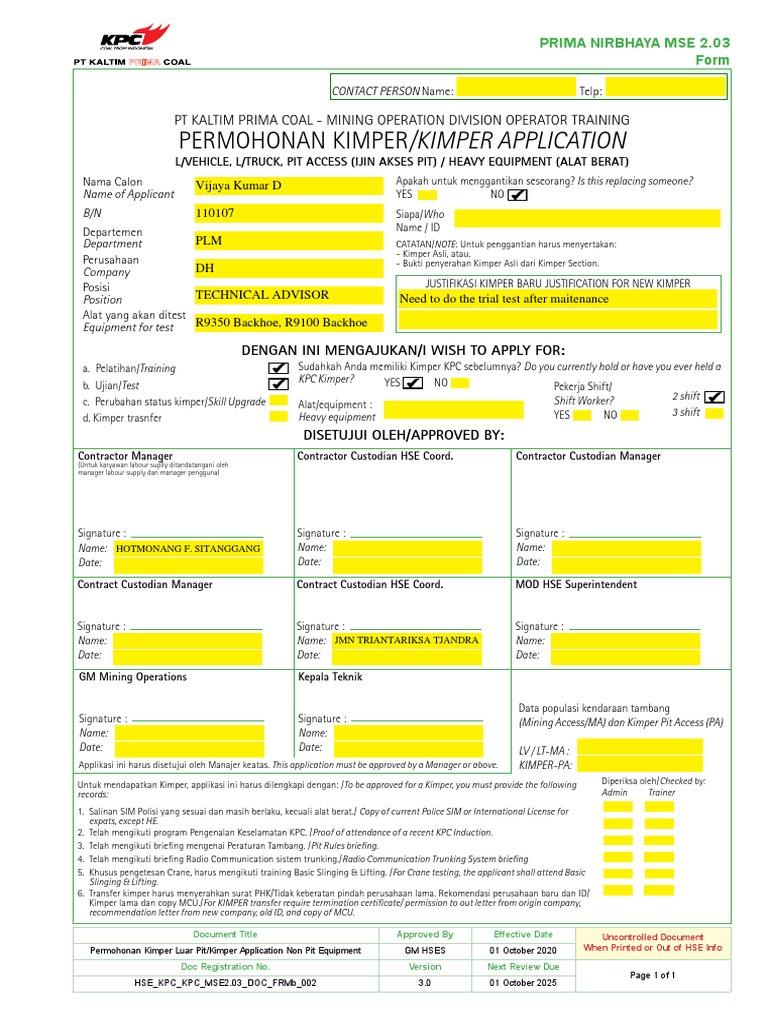 Permohonan Kimper Alat Berat KPC | PDF