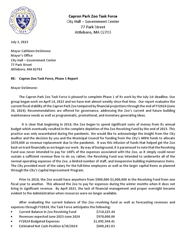 Capron Park Zoo Task Force | PDF | Budget | Fund Accounting