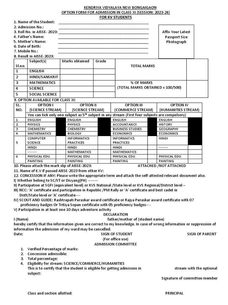 Option Form For KV 2023-24 | PDF