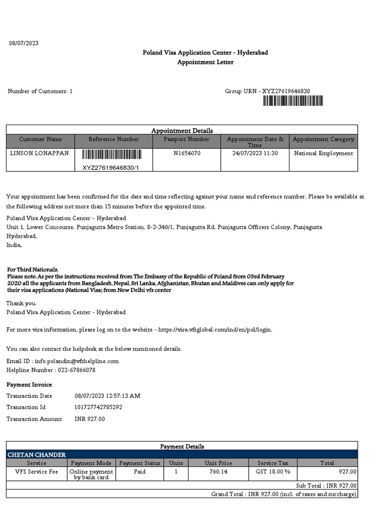 POLAND ?? VFS Appointments XYZ27619646830 | PDF | Visa Inc. | Payments
