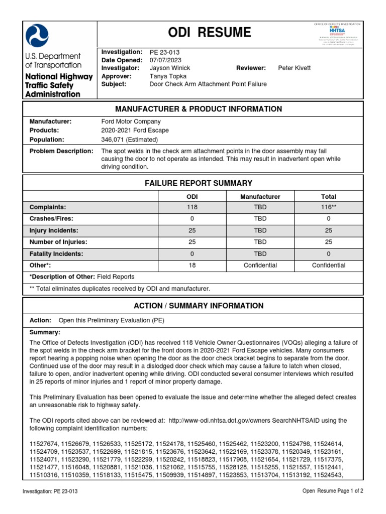 NHTSA Ford Escape | PDF | Transport | Safety