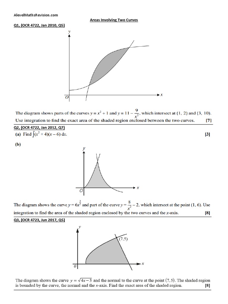 Areas Involving Two Curves Exam Questions | PDF