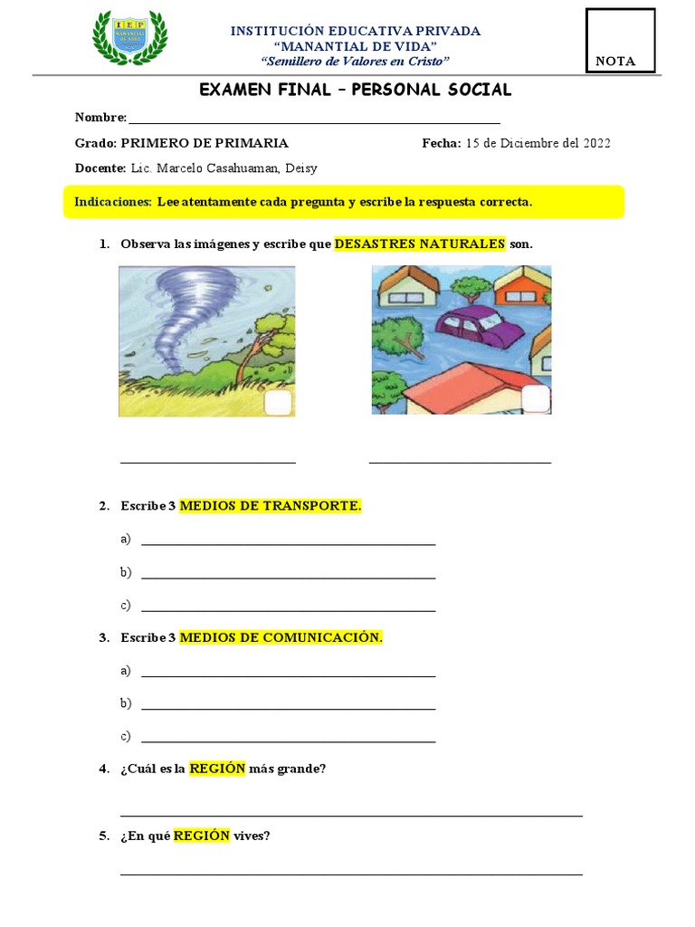 Examen Final - Personal Social Primer Grado | PDF | Ciencias sociales