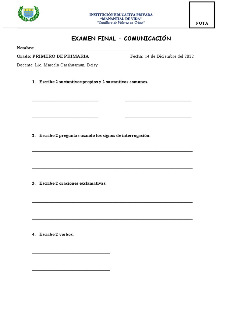 Examen Final - Comunicacion Primer Grado | PDF | Lingüística | Gramática