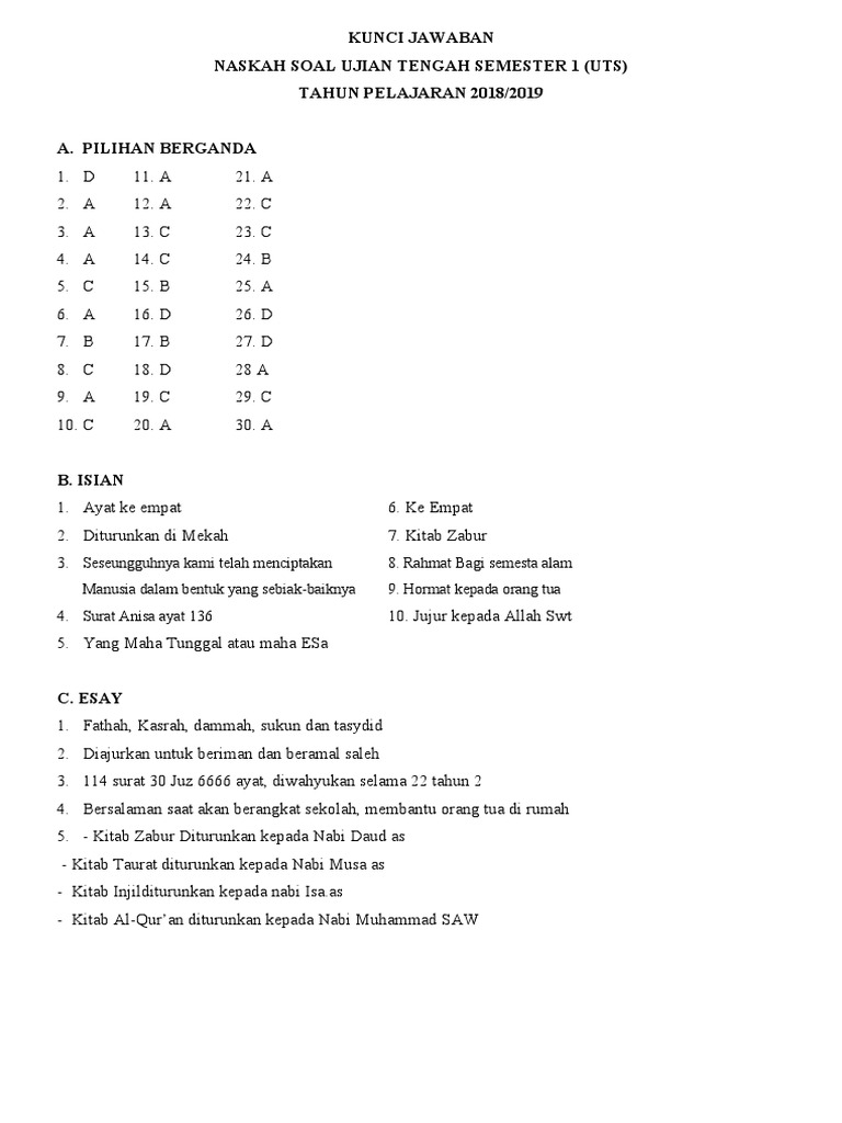 Kunci Jawaban Naskah Ujian Mid Semester 2018-2019 | PDF