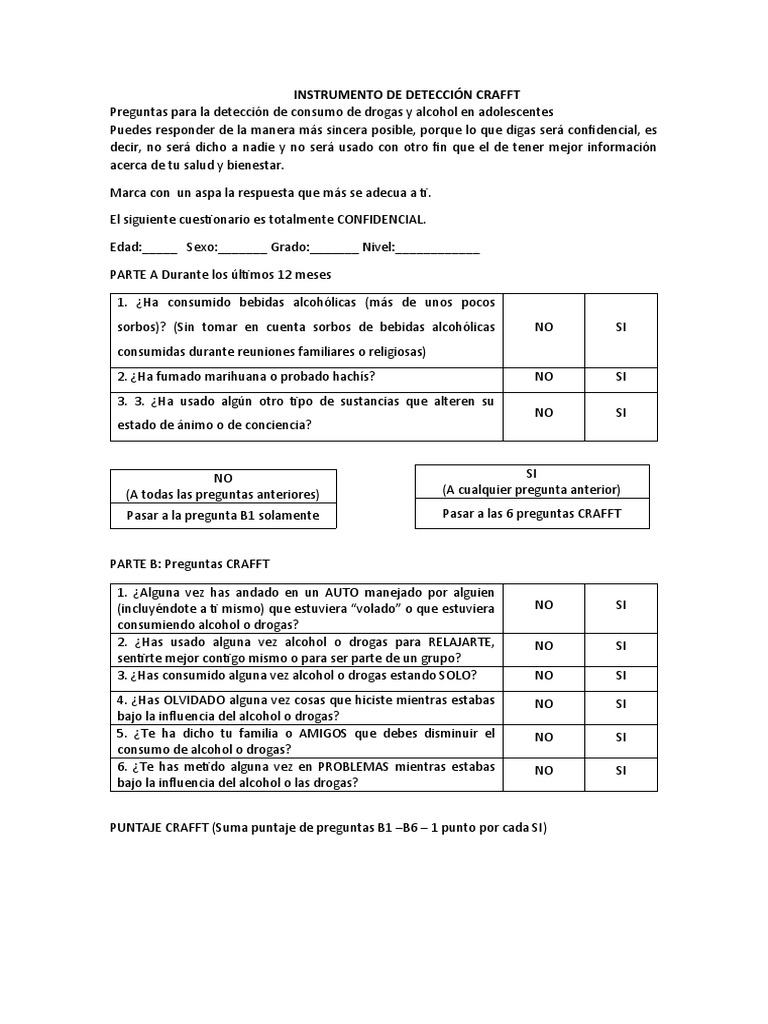 INSTRUMENTO DE DETECCIÓN CRAFFT (ALCOHOLISMO Y DROGAS) | PDF