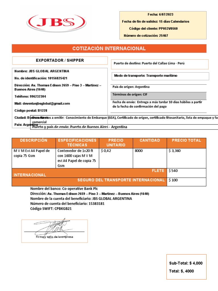 Plantilla de Cotización Internacional | PDF