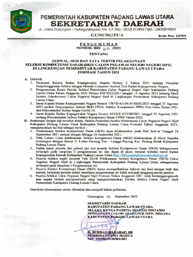 PENGUMUMAN SKD Paluta 2021 | PDF