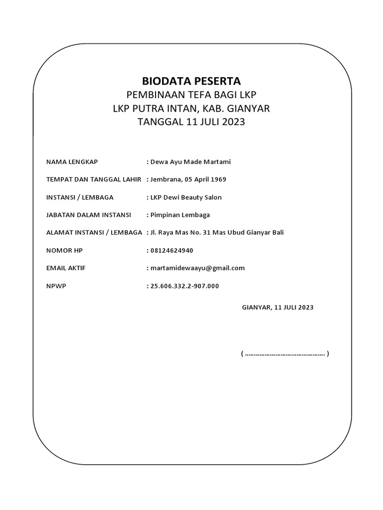 Biodata Dewa Ayu Made Martami LKP | PDF