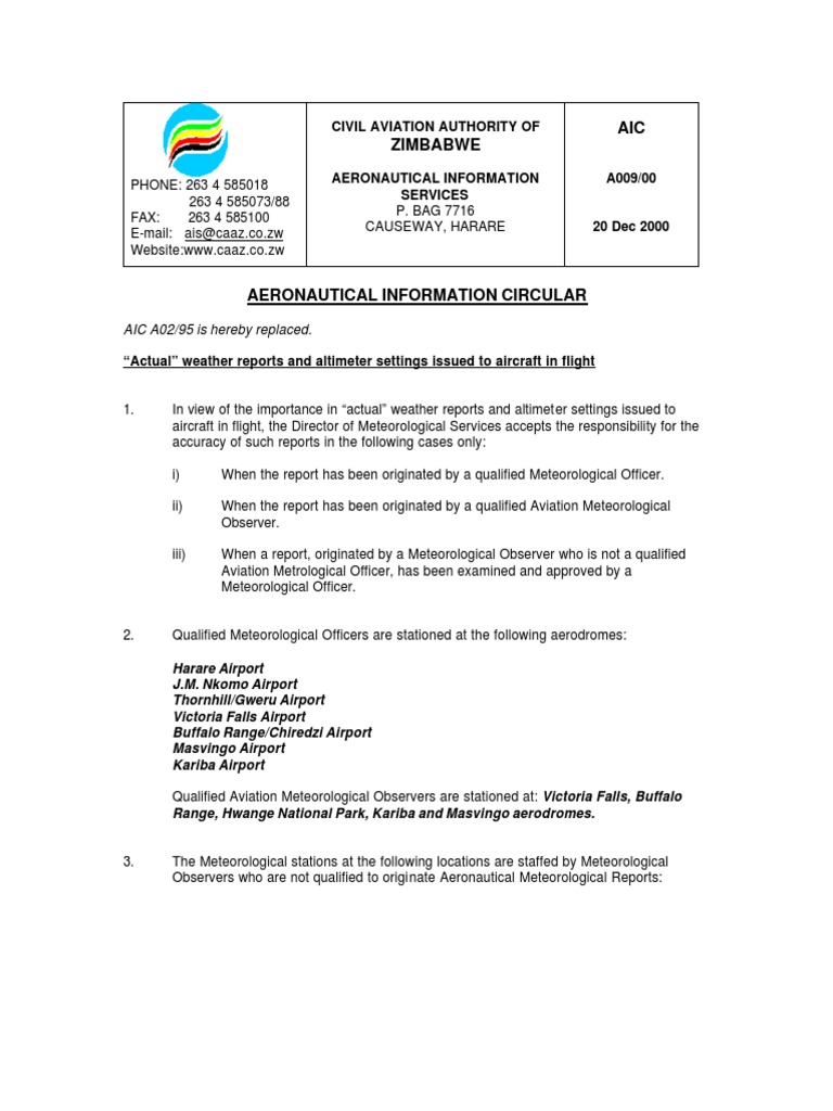 A009 00 Actual weather reports and altimeter settings issues to aircraft in flight pdf | PDF ...