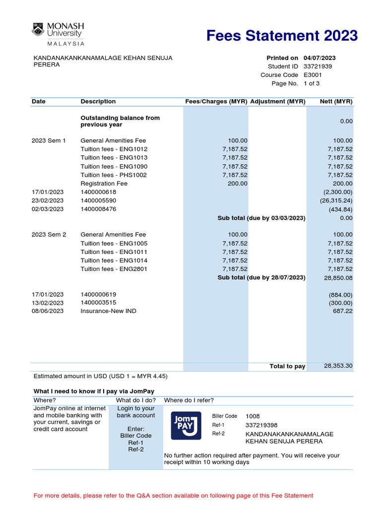 Fee Statement | PDF | Fee | Payments