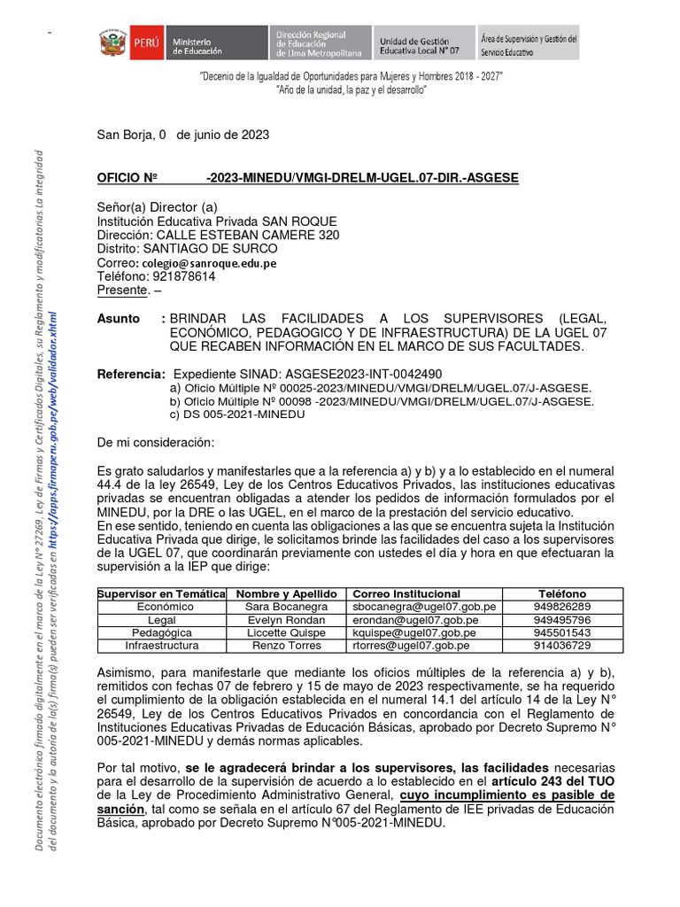 Oficio #01168-2023 Sinad 42490-2023 Brindar Facilidades Iep San Roque | Download Free PDF ...