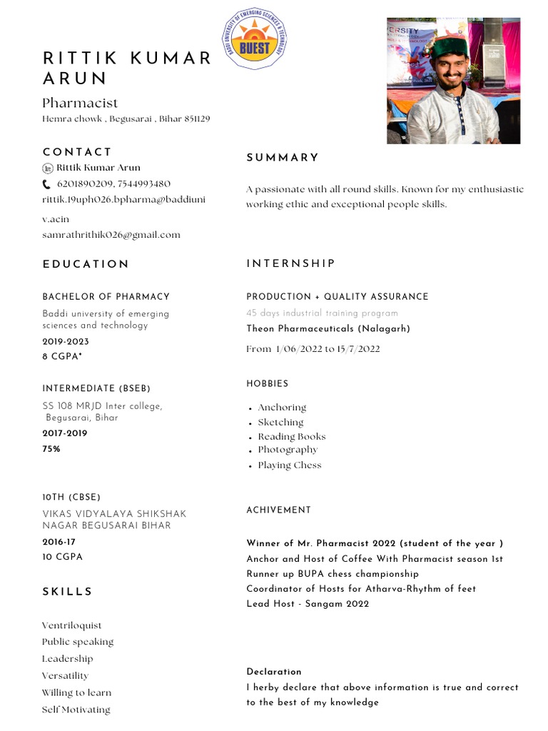 Resume Rittik Kumar Arun | PDF