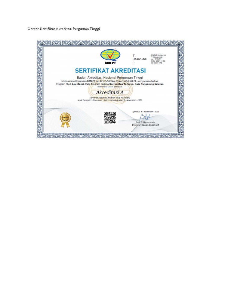 Contoh Sertifikat Akreditasi Perguruan Tinggi 0 | PDF