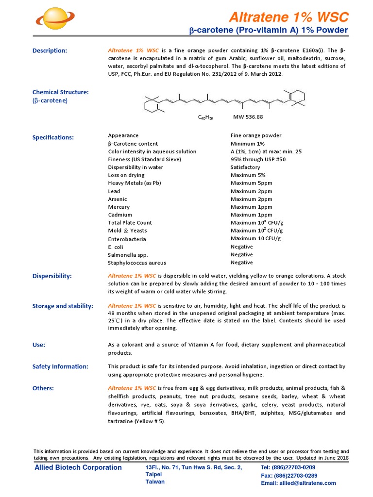 DATA - SHEET - Altratene 1% WSC - June 2018 | PDF | Food And Drink ...