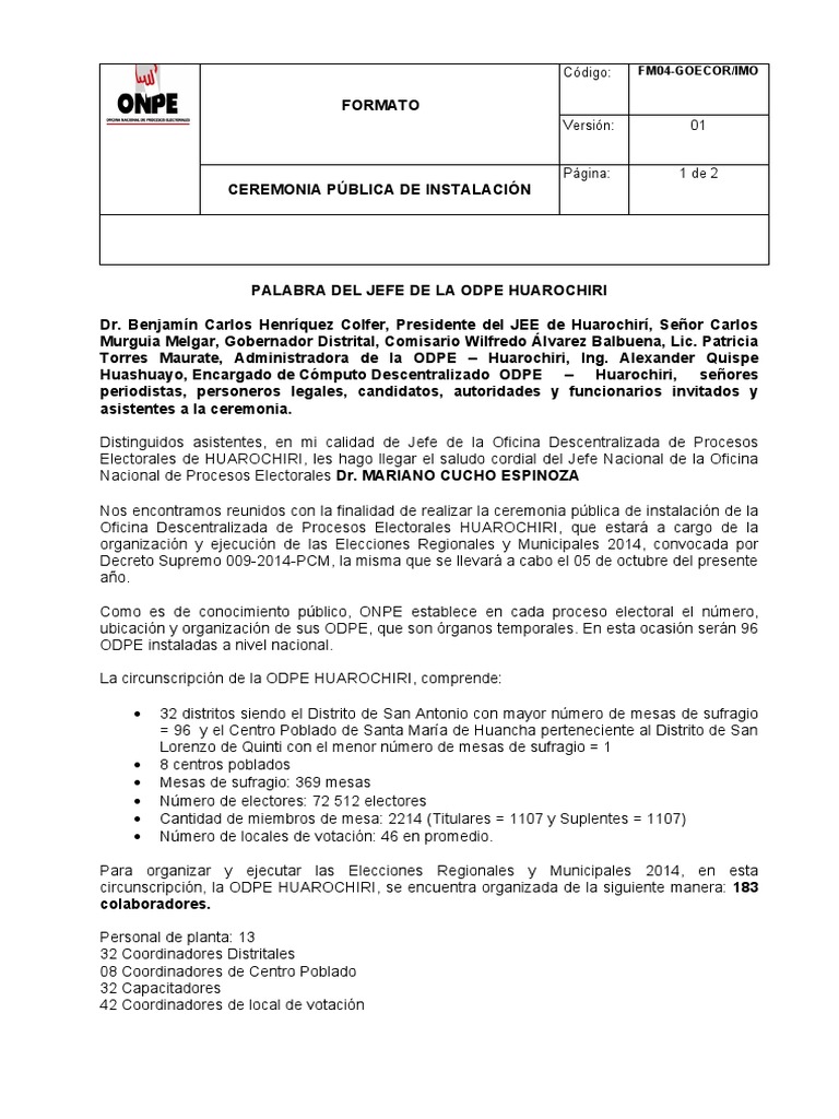 Instalación ODPE Huarochirí 2025 | PDF | Elecciones | Gobernancia