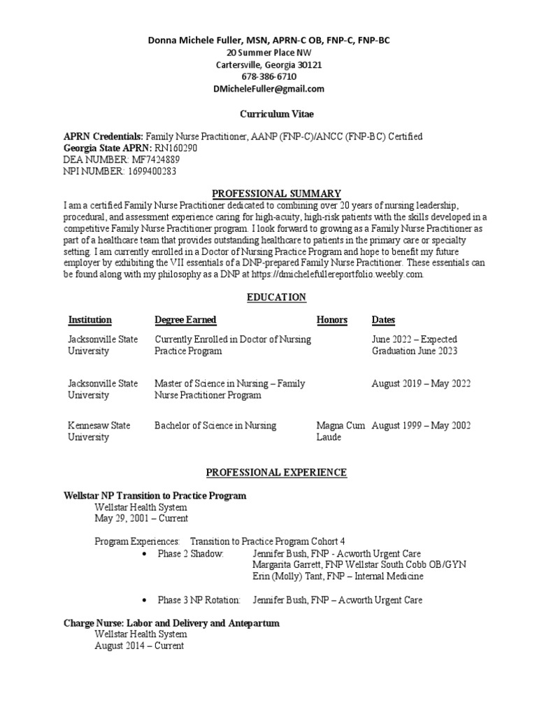 Donna Michele Fuller: Family Nurse Practitioner CV | PDF | Nurse ...