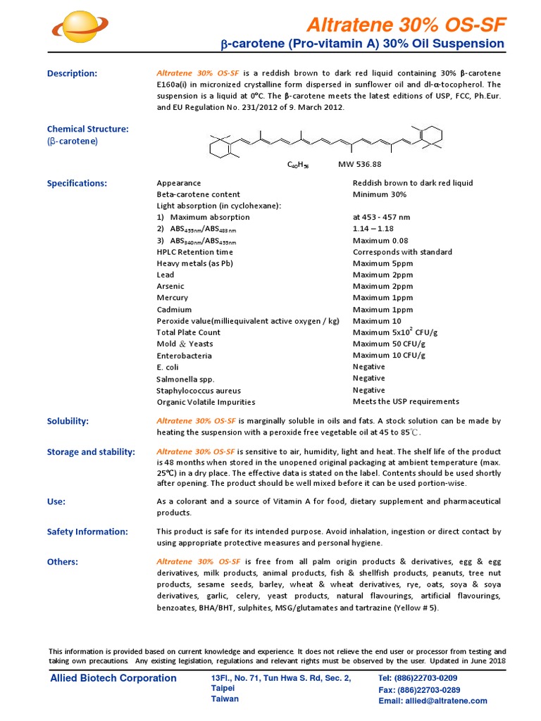 Altratene 30% OS-SF: Beta-Carotene Solution | PDF | Chemistry | Nutrition