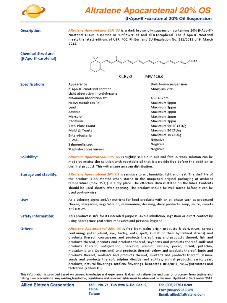 DATA - SHEET - Altratene Apo 20% OS - September 2019 | PDF | Oil ...
