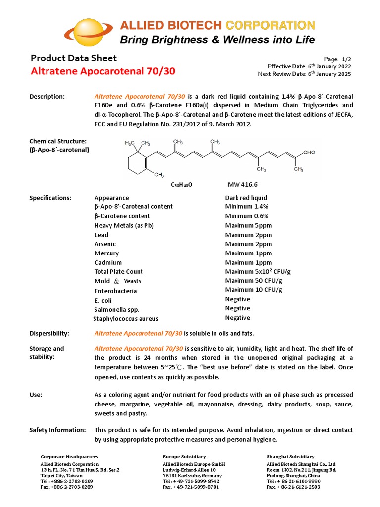 Altratene Apocarotenal 70/30 Data Sheet | PDF | Nut (Fruit) | Nutrition