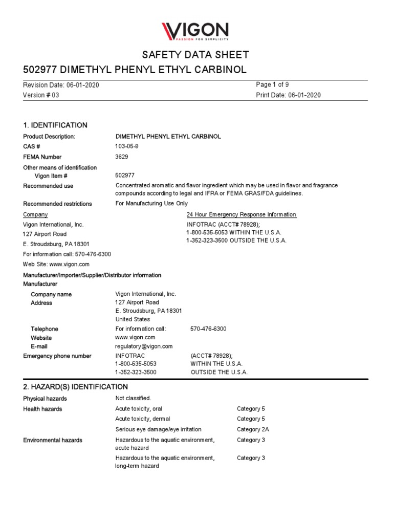 Dimethyl Phenyl Ethyl Carbinol SDS | PDF | Firefighting | Personal ...