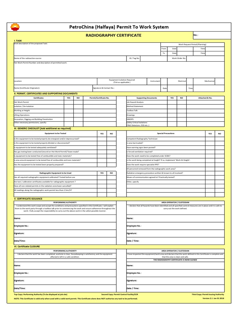 Radiography Work Permit Certificate | PDF | Radiography | Occupational ...