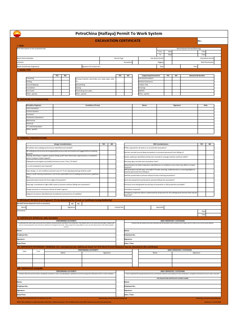 04 - Excavation Certificate (4022815 - v1) | PDF | Occupational Safety ...