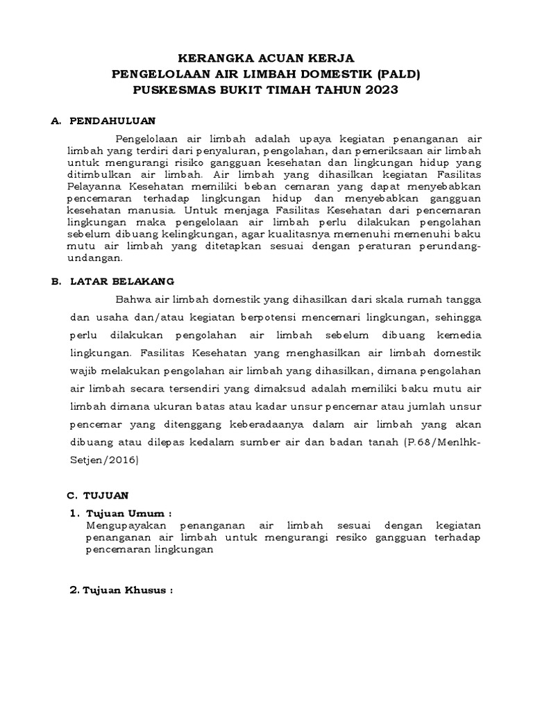 Kerangka Acuan Kerja Pengelolaan Air Limbah Domestik (Pald) Puskesmas Bukit Timah Tahun 2023 ...