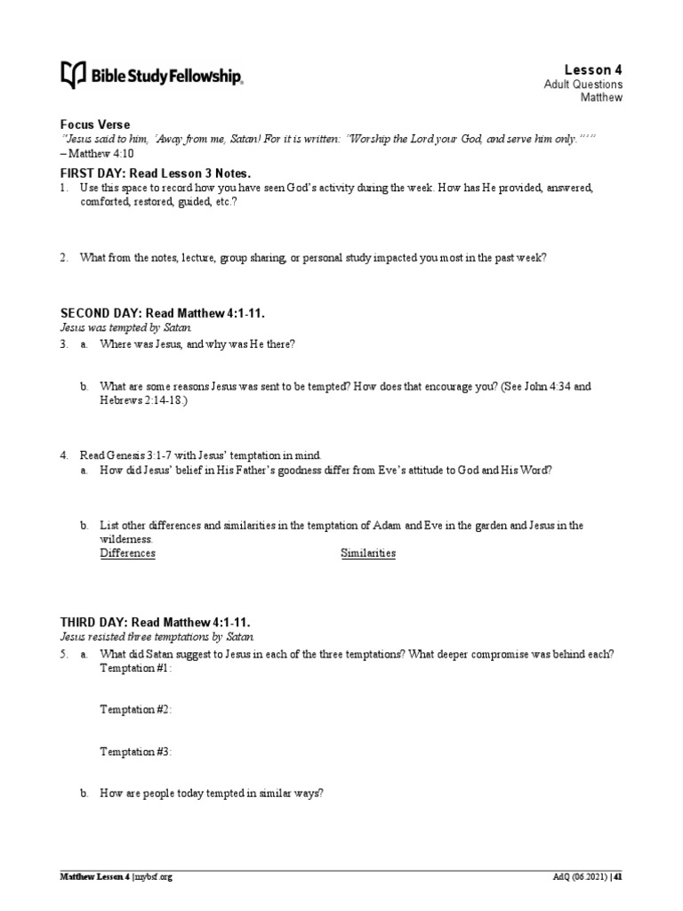 Matthew 4 Questions Lesson 4 - WORD | PDF | Gospel Of Matthew | Jesus