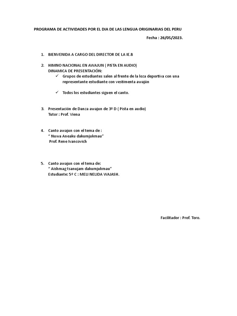 Programa de Actividades Por El Dia de Las Lengua Originarias Del Peru ...